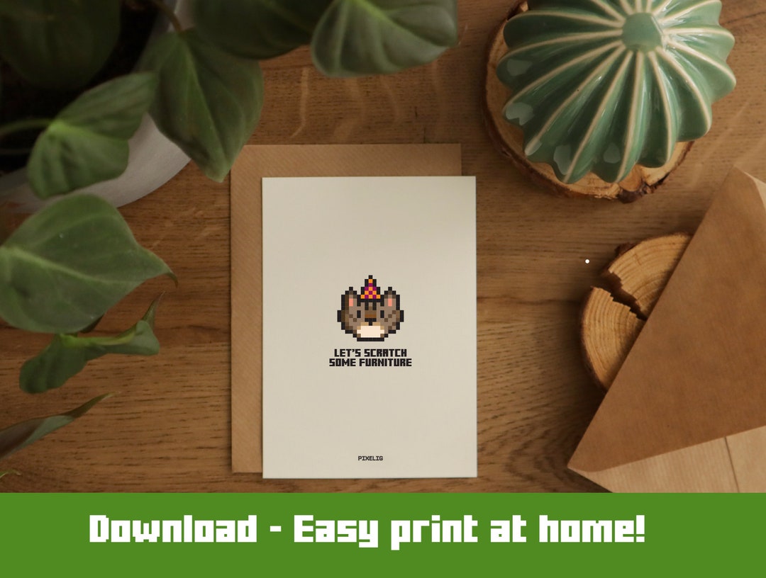 Printable Card Party Hat Cat Tabby | Birthday Celebration | Cute8bit ...