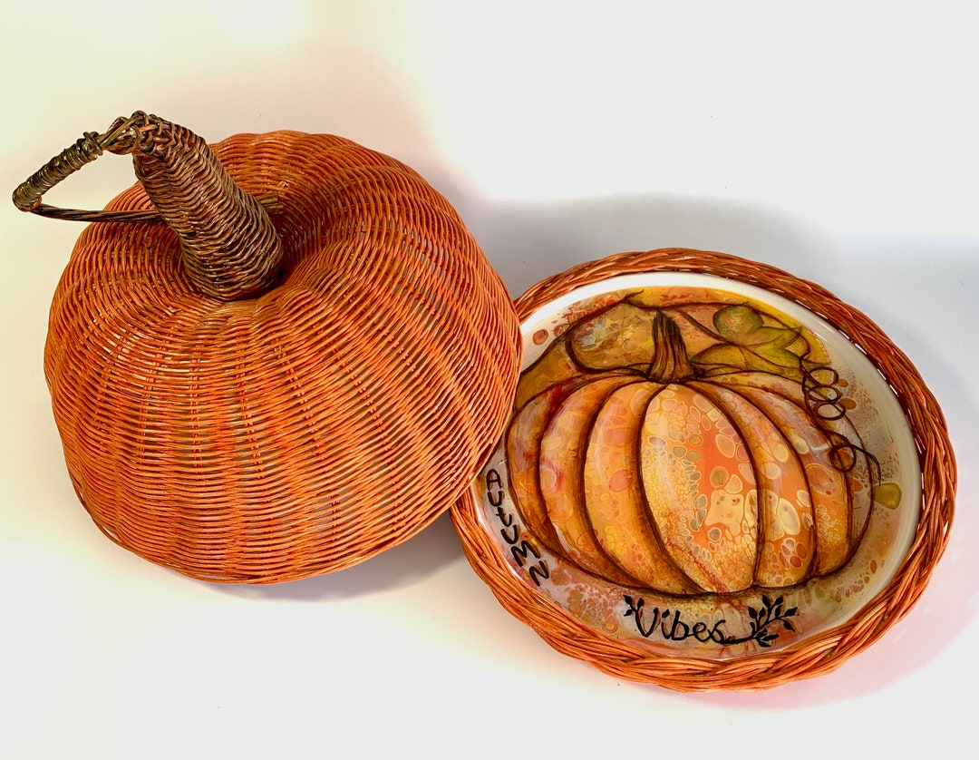 Rattan Food Cover With Ceramic Serving Tray, Pumpkin Shaped Cake Dome ...