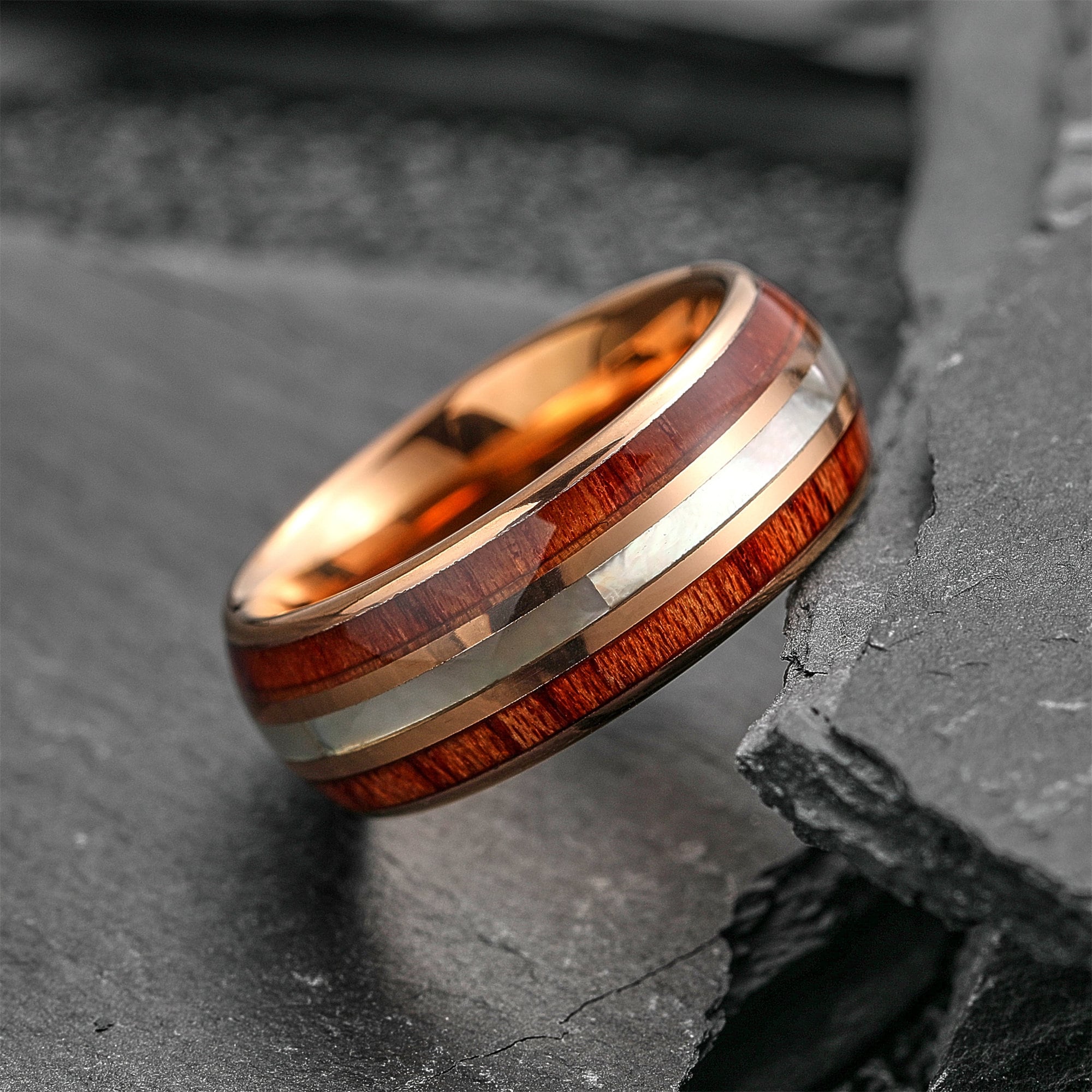 Polished 8mm Koa Wood and Mother of Pearl Inlay Tungsten Ring,rose Gold ...