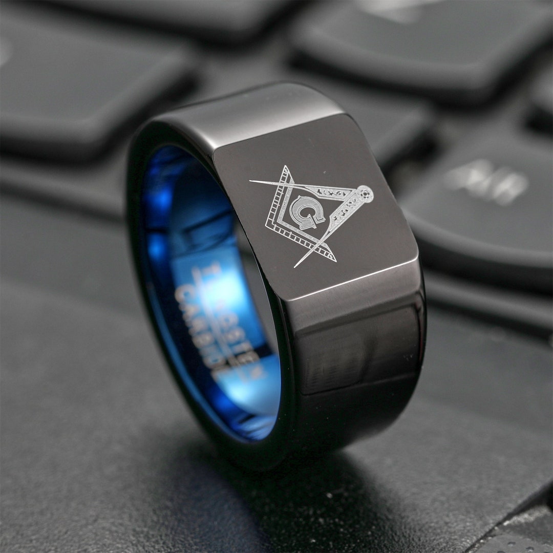 8mm Masonic Tungsten Signet Ring, Blue Tungsten Carbide Ring Stackable ...