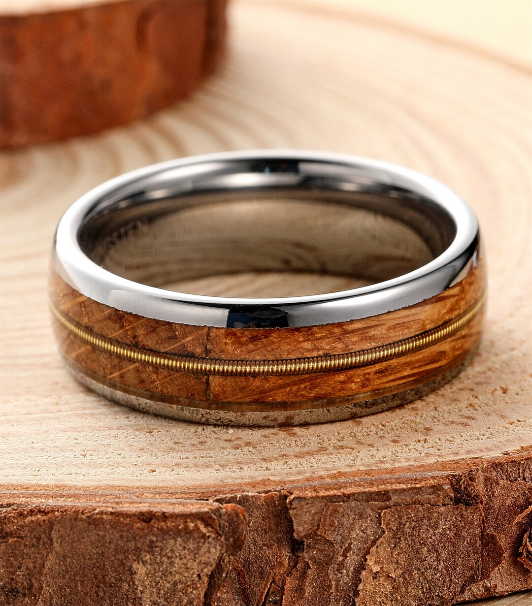 8mm Sliver Tungsten Ring, Whisky Barrel Wood Ring, Guitar String ...
