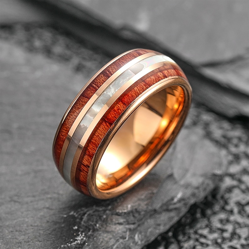 Polished 8mm Koa Wood and Mother of Pearl Inlay Tungsten Ring,rose Gold ...
