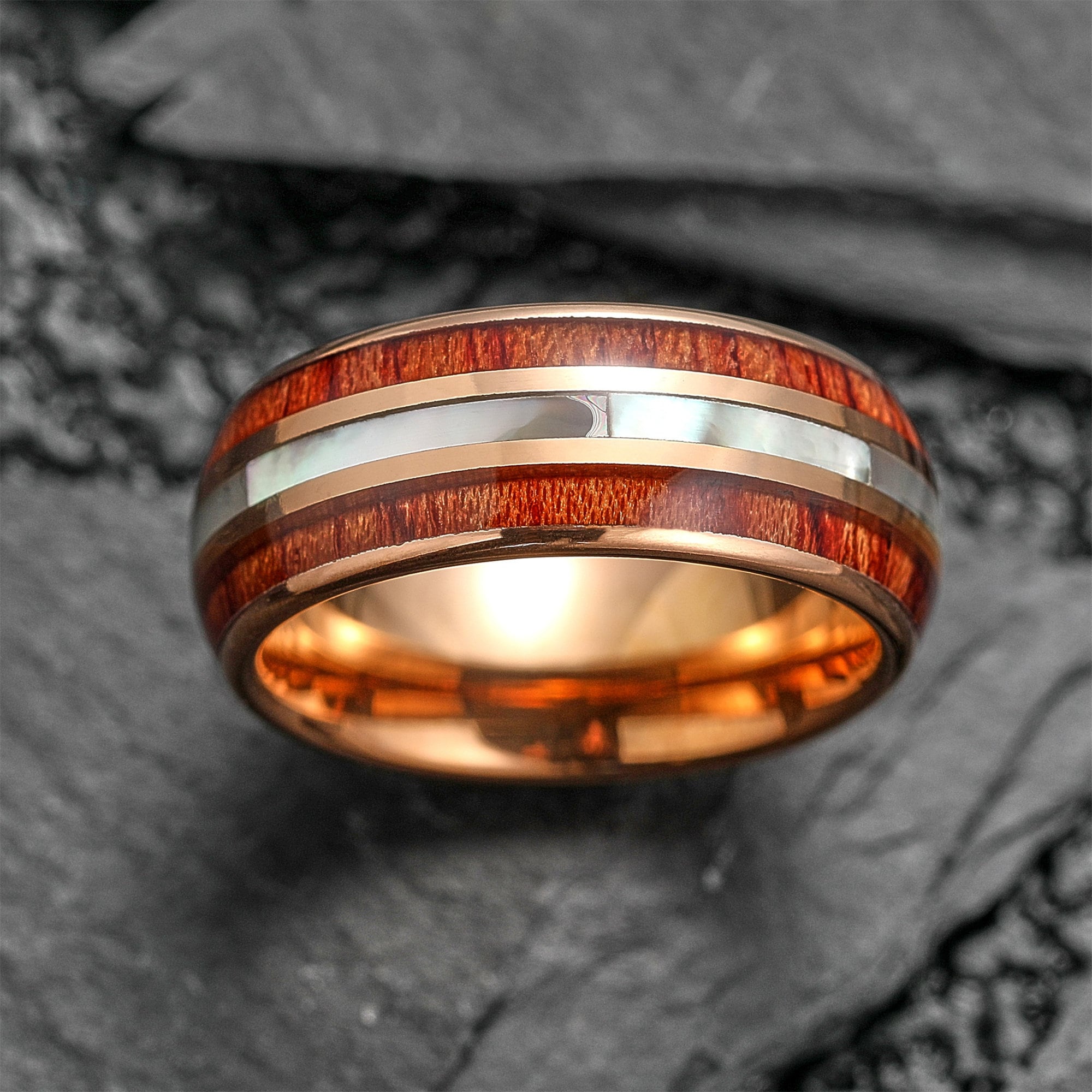 Polished 8mm Koa Wood and Mother of Pearl Inlay Tungsten Ring,rose Gold ...