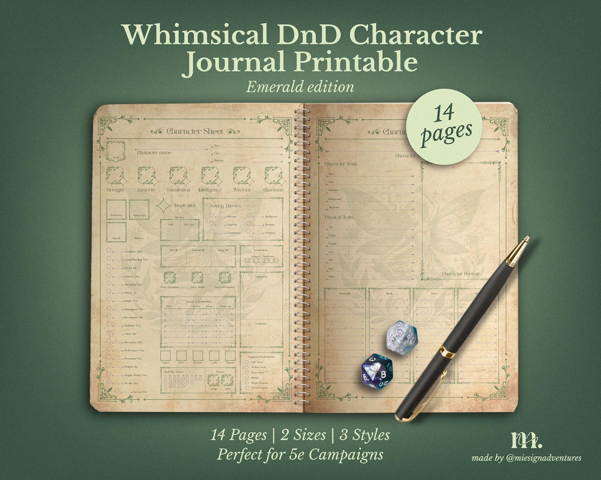 Dnd 5e Character Journal Printable | Whimsical Emerald Edition ...