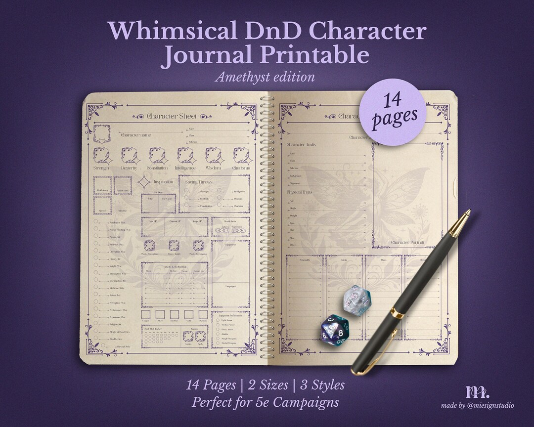 Dnd 5e Character Sheet Journal Printable | Whimsical Amethyst Edition ...