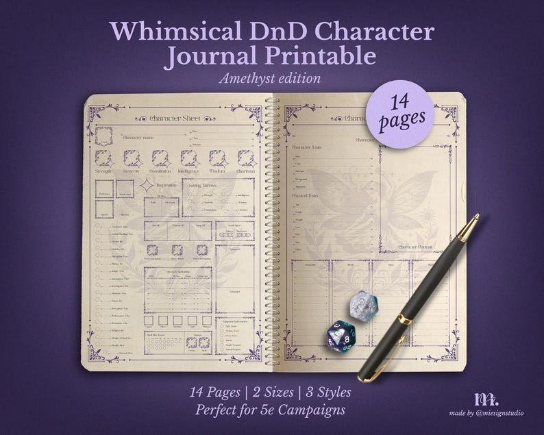 Dnd 5e Character Sheet Journal Printable | Whimsical Amethyst Edition ...