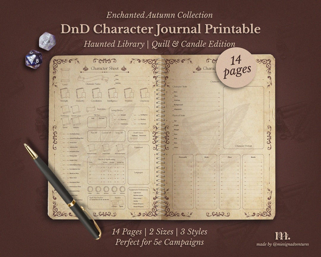 Dnd 5e Character Sheet Journal Printable | Haunted Library Quill ...