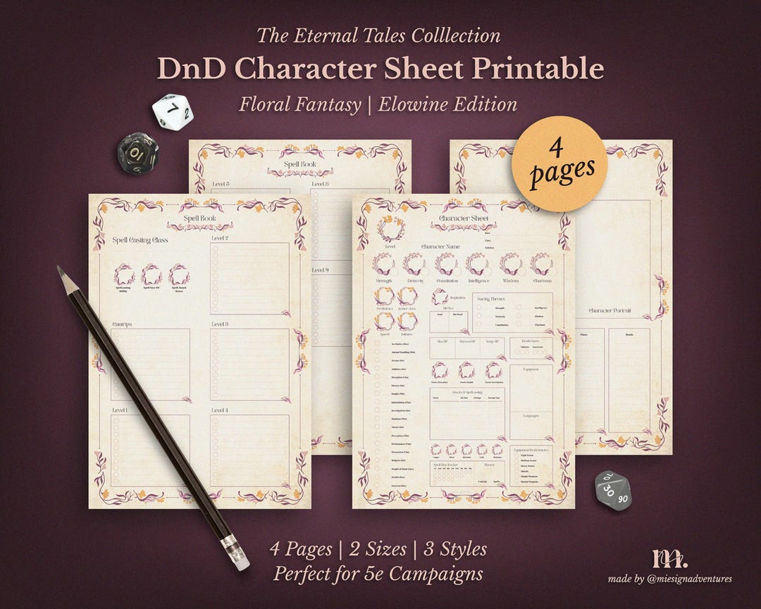 Dnd 5e Character Sheet Printable | Floral Fantasy Elowine Edition ...