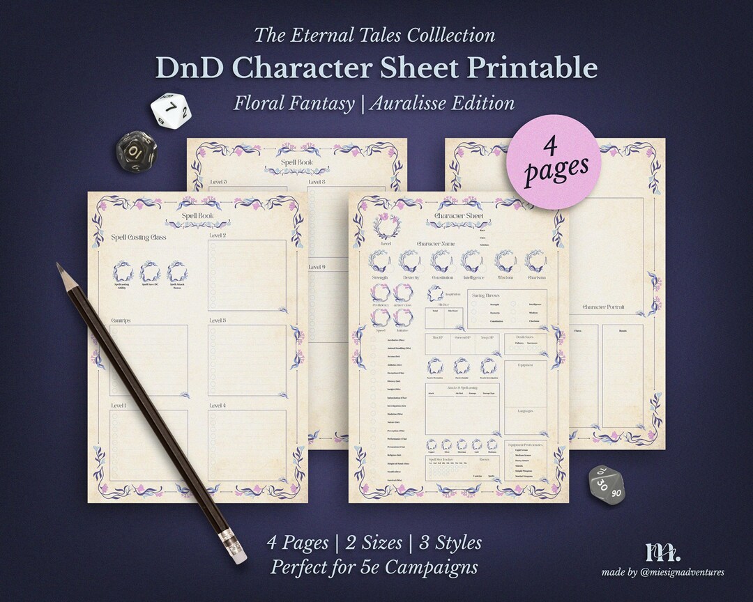 Dnd 5e Character Sheet Printable | Floral Fantasy Auralisse Edition ...