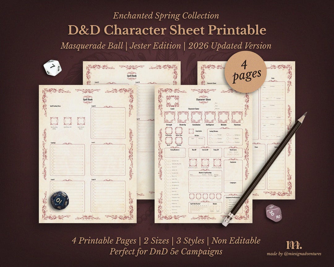 Dnd 5e Character Sheet Printable | Masquerade Ball Jester Edition ...