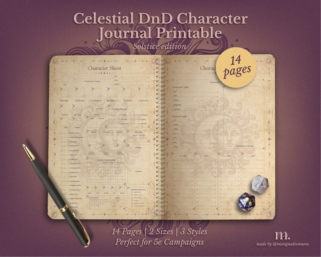 Dnd 5e Character Sheet Journal Printable | RPG PDF | Celestial Solstice ...