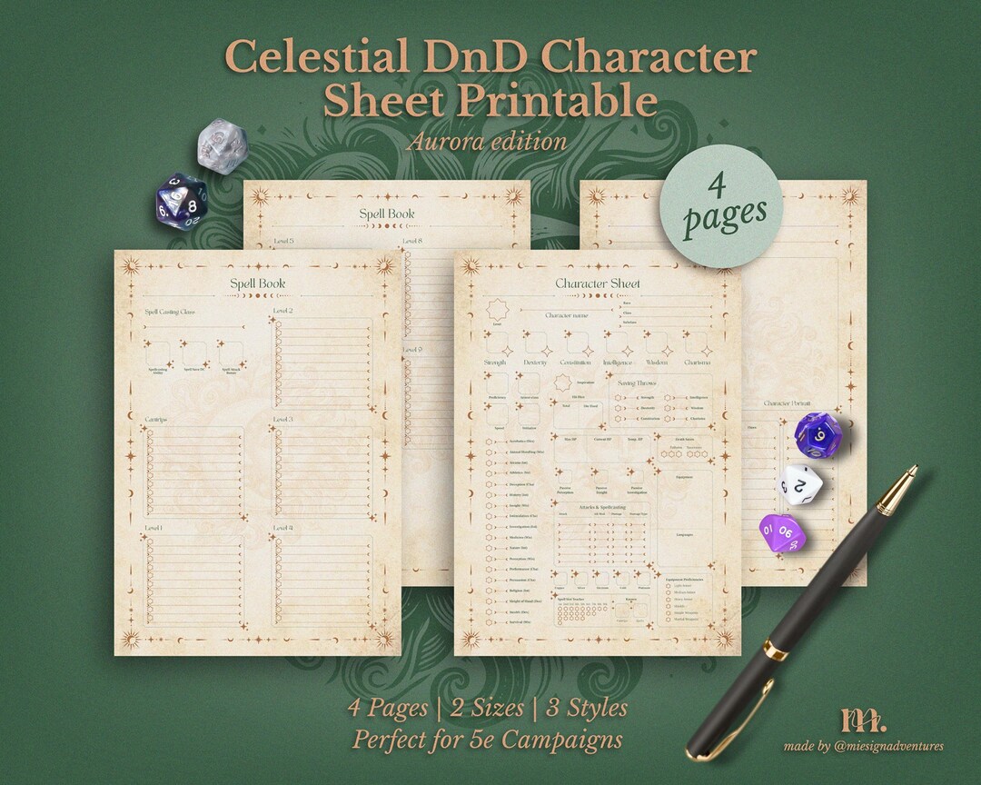 Dnd 5e Character Sheet Printable | Celestial Aurora Edition | Dungeons ...
