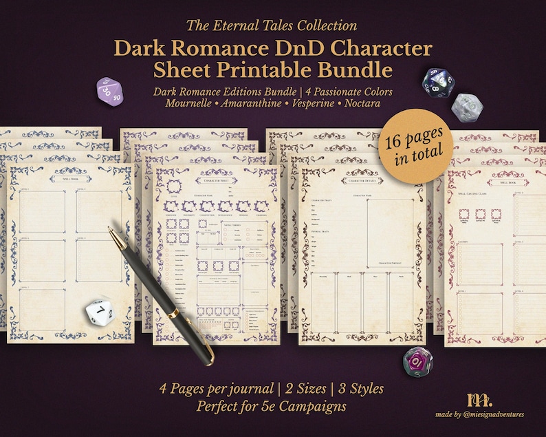 Dnd 5e Character Sheet Bundle | Dark Romance Printable RPG Sheets PDF ...