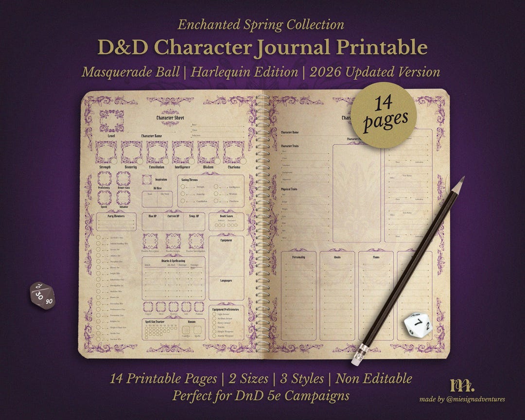 Dnd 5e Character Journal Printable | Masquerade Ball Harlequin Edition ...