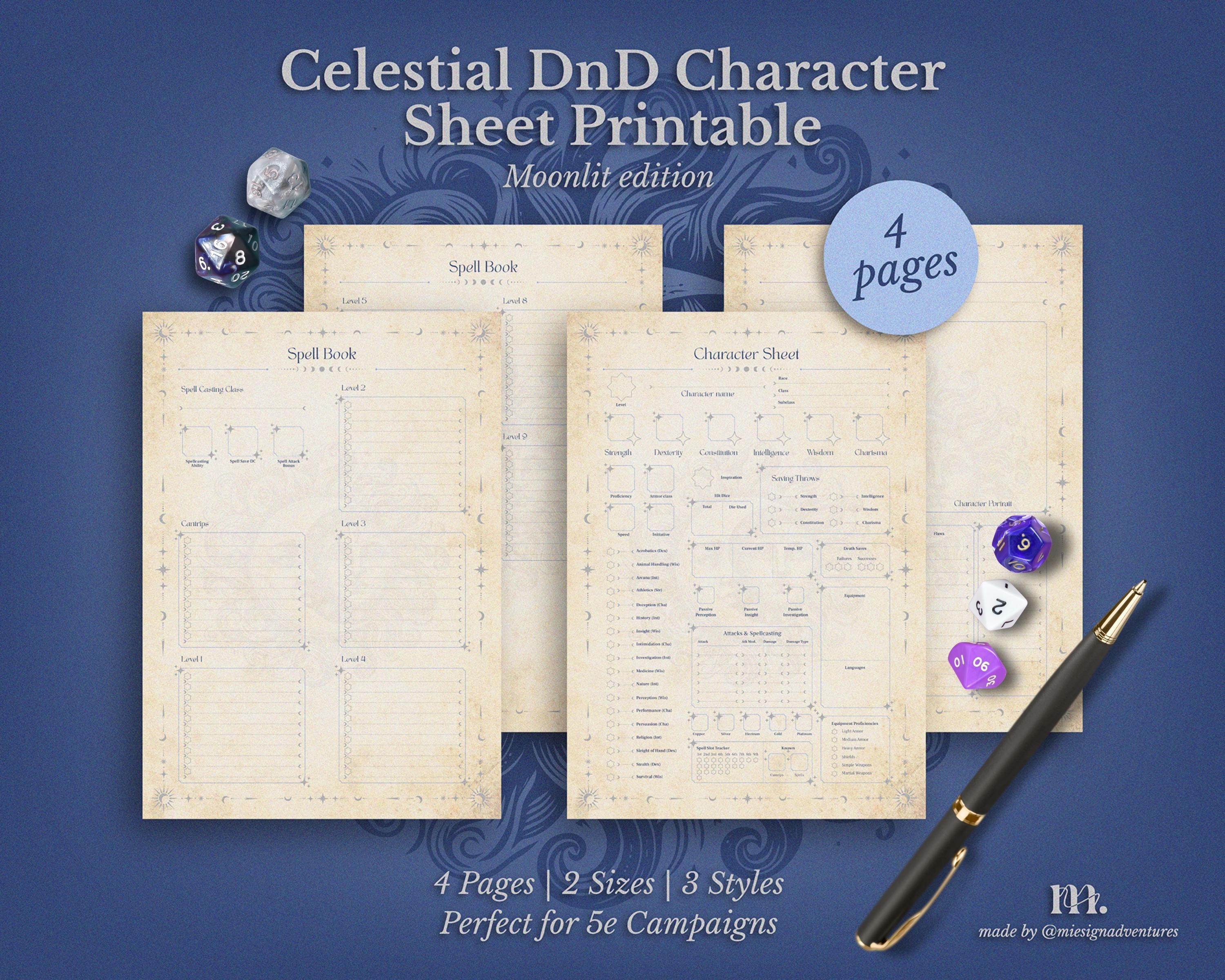 Dnd 5e Character Sheet Printable | Celestial Moonlit Edition | Dungeons ...