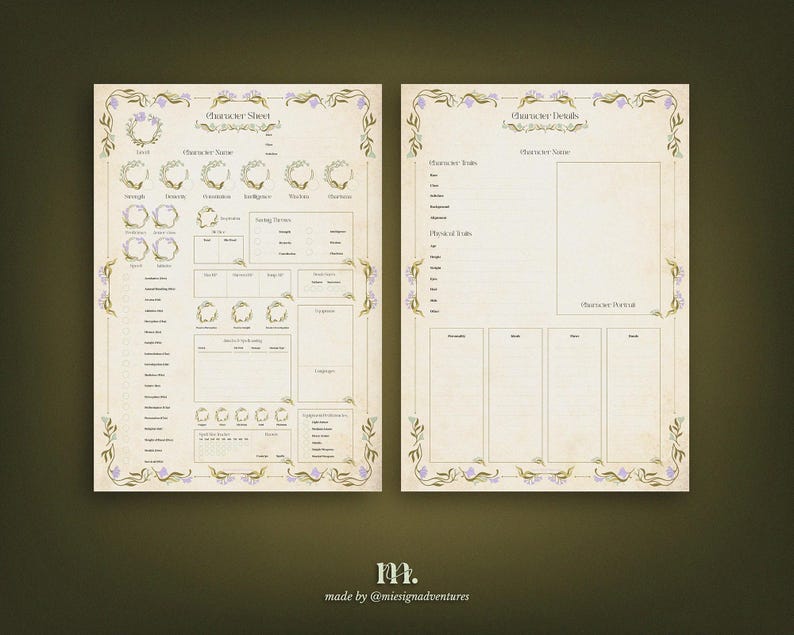Dnd 5e Character Sheet Printable | Floral Fantasy Flurionne Edition ...