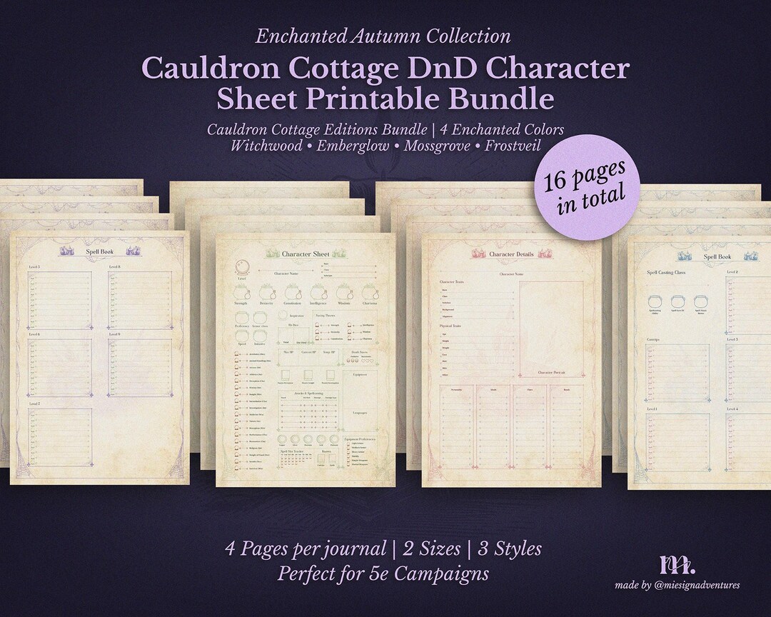 Witchy Dnd 5e Character Sheet Bundle Printables | Cauldron Cottage Set ...