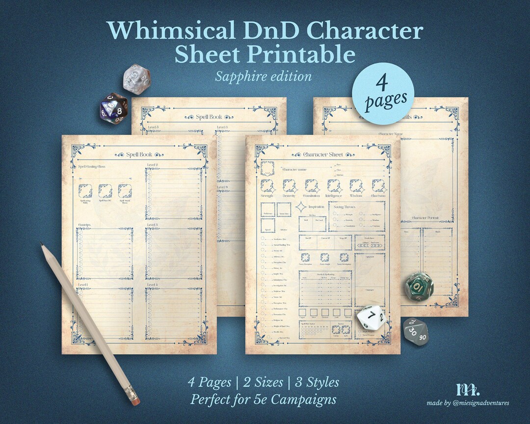 Dnd 5e Character Sheet Printable | RPG PDF | Sapphire | Fantasy TTRPG ...