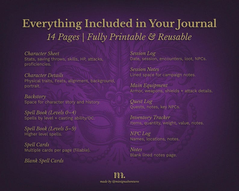 Dnd 5e Character Journal Printable | Masquerade Ball Harlequin Edition ...