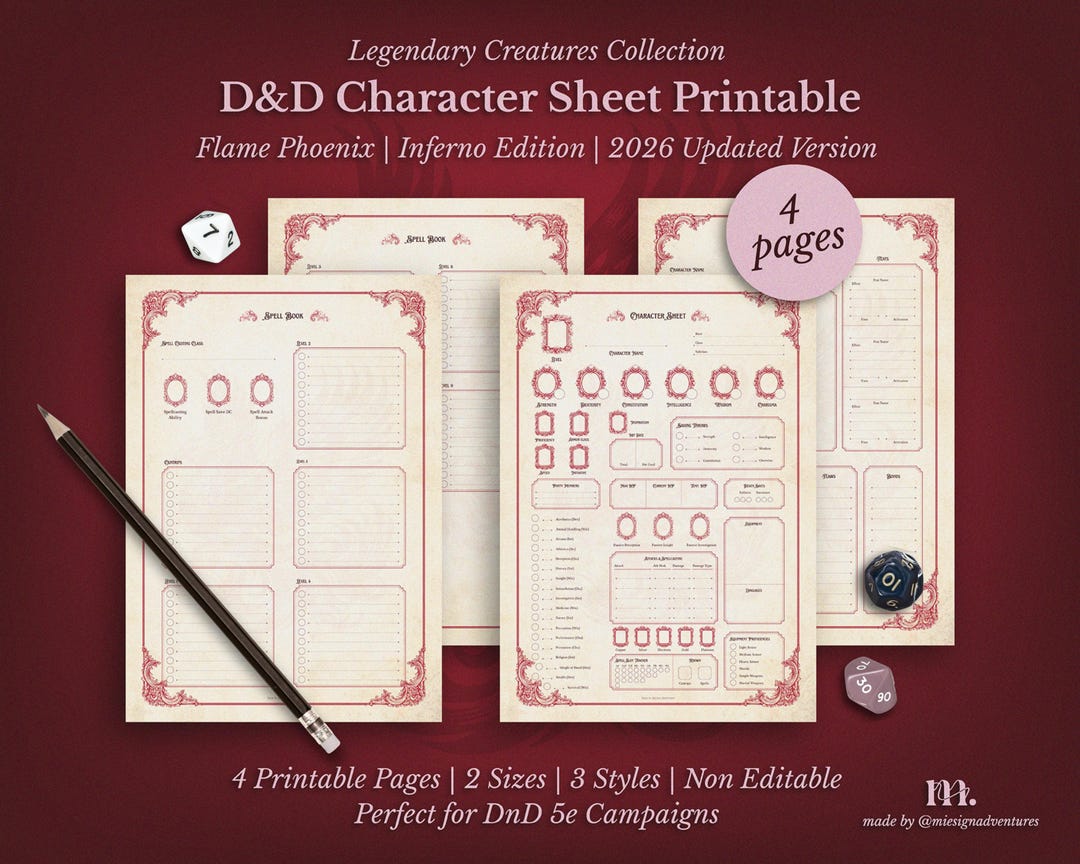 Dnd 5e Character Sheet Printable | Flame Phoenix Inferno Edition ...