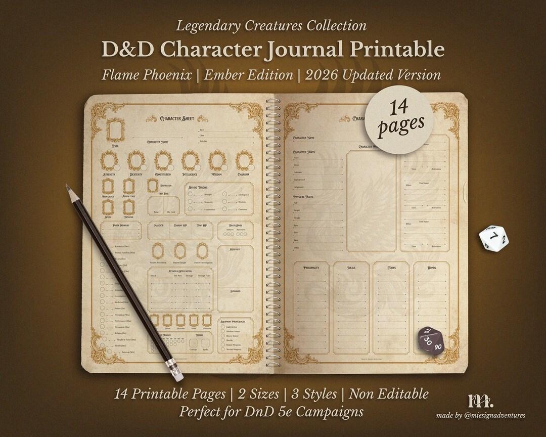 Dnd 5e Character Sheet Journal Printable | Flame Phoenix Ember Edition ...