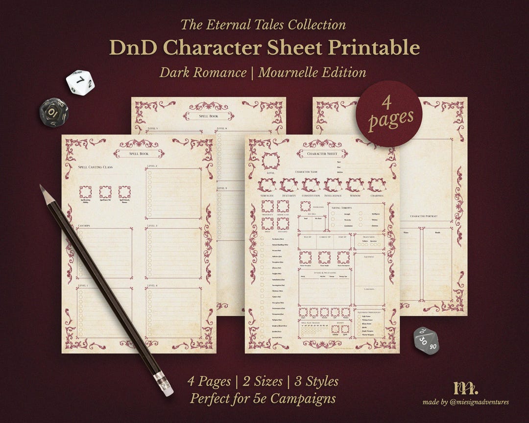 Dnd 5e Character Sheet Printable | Dark Romance Mournelle Edition ...