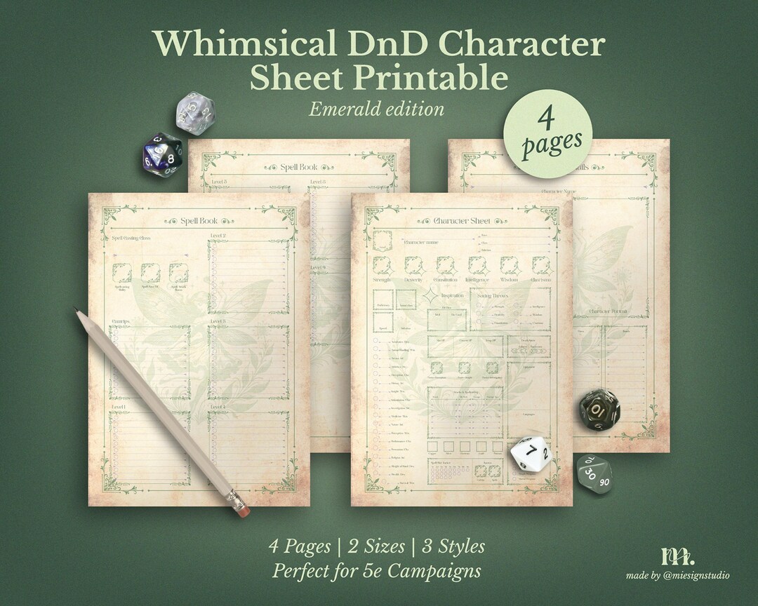 Dnd 5e Character Sheet Printable | Whimsical Emerald Edition | Dungeons ...