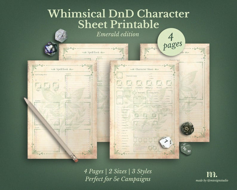 Dnd 5e Character Sheet Printable | Whimsical Emerald Edition | Dungeons ...
