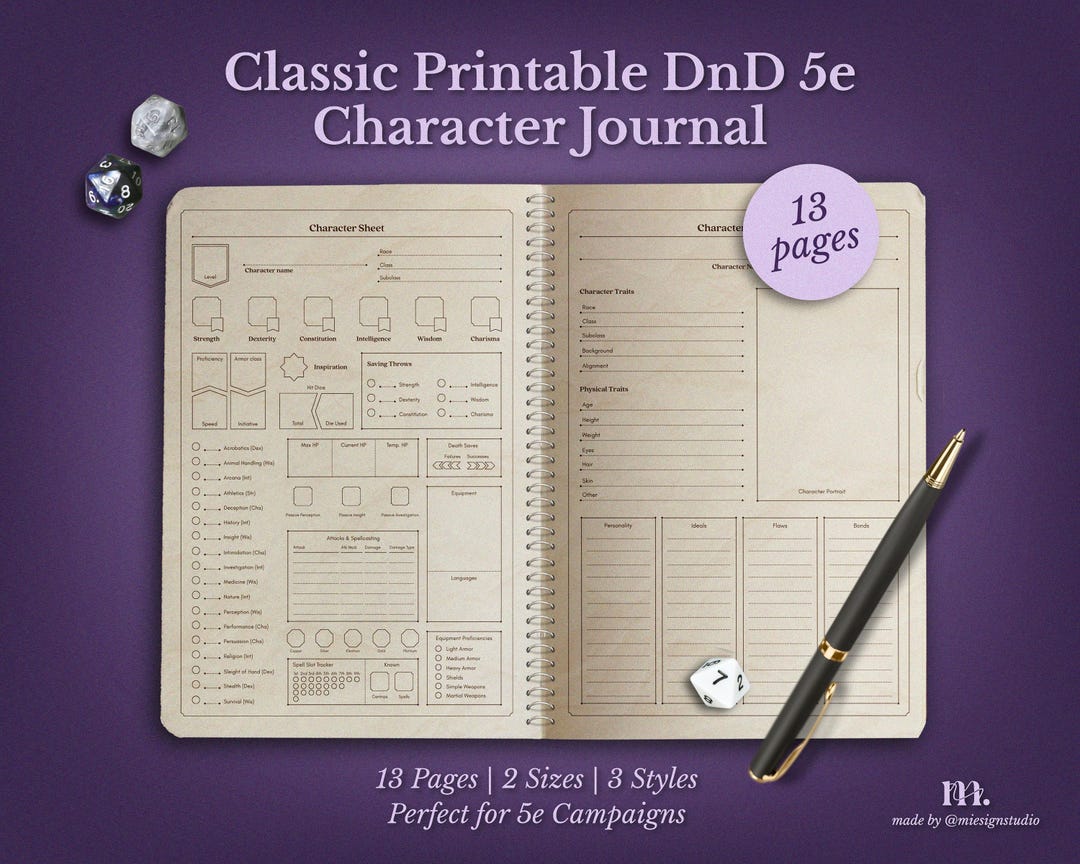 Dnd 5e Character Sheet Journal Printable | Classic Edition | Fantasy ...