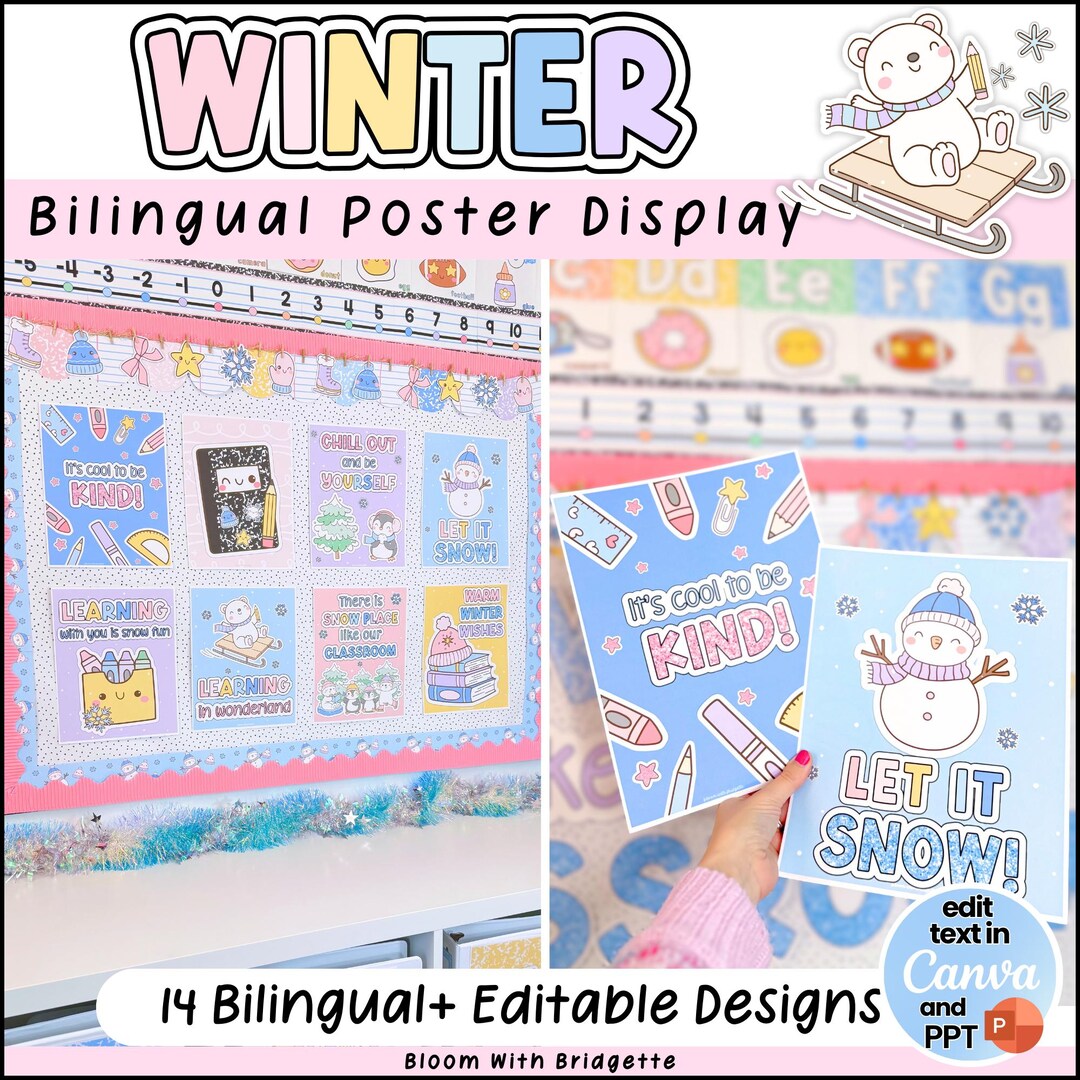 Bilingual Winter Posters, Composition Notebook Decor, Editable Canva ...