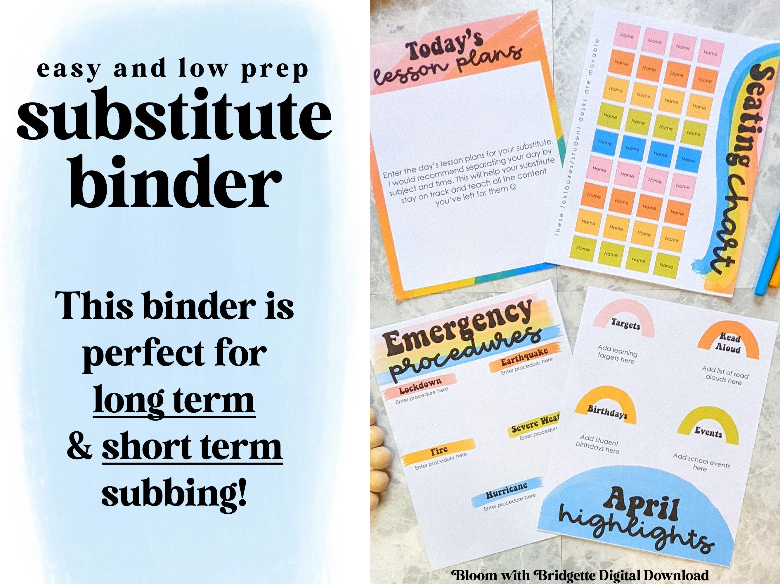 Retro Editable Substitute Binder, Daily Subbing, Maternity Leave Binder ...