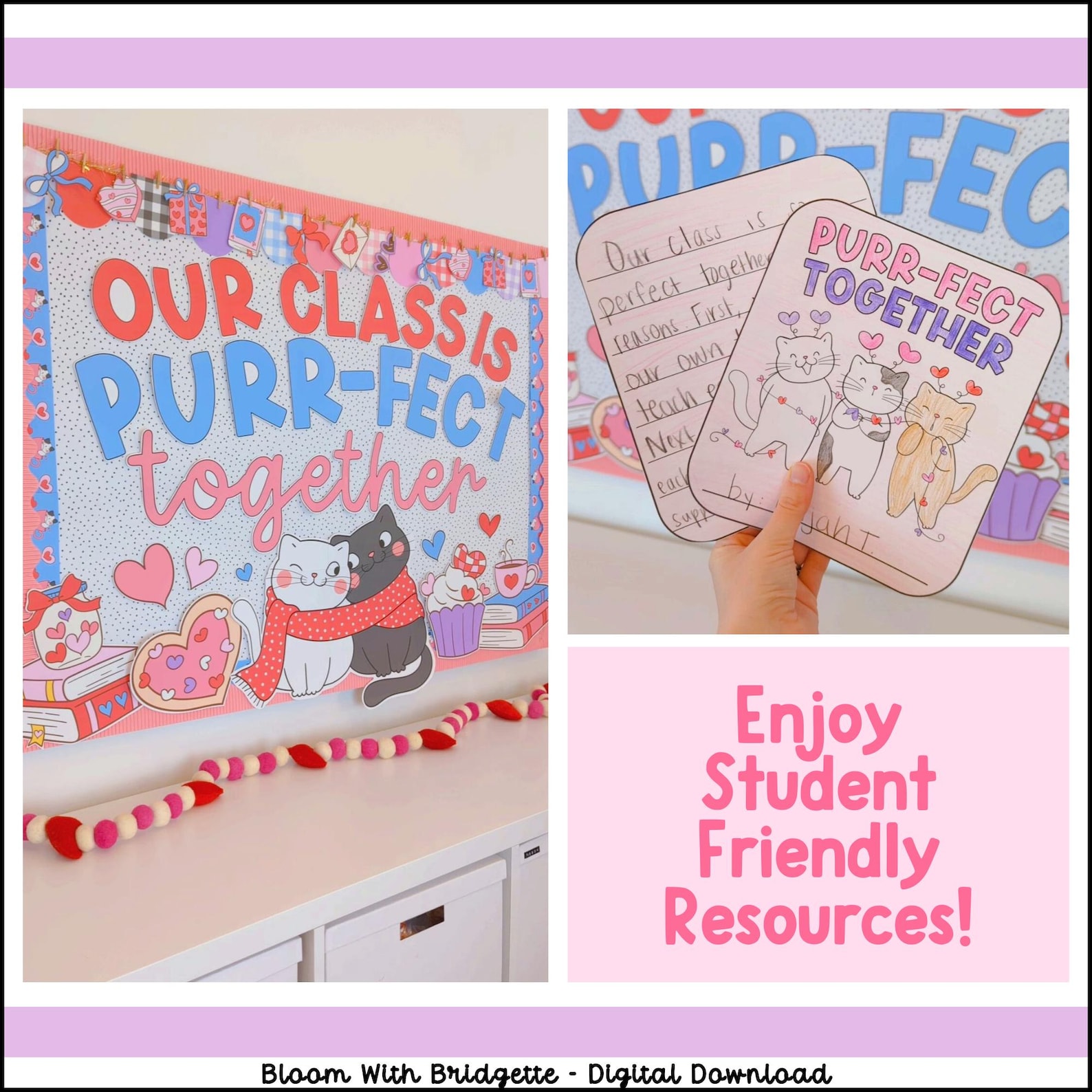 Valentine's Day Bulletin Board, Kindness Classroom Decor, Cat Themed ...