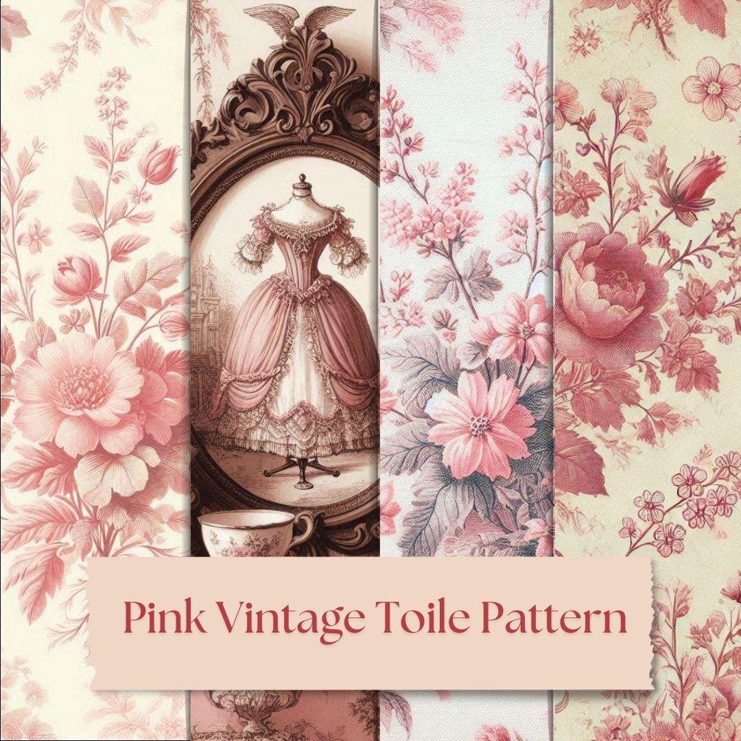 Vintage Pink Toile Pattern, Printable Digital Paper, Junk Journal ...