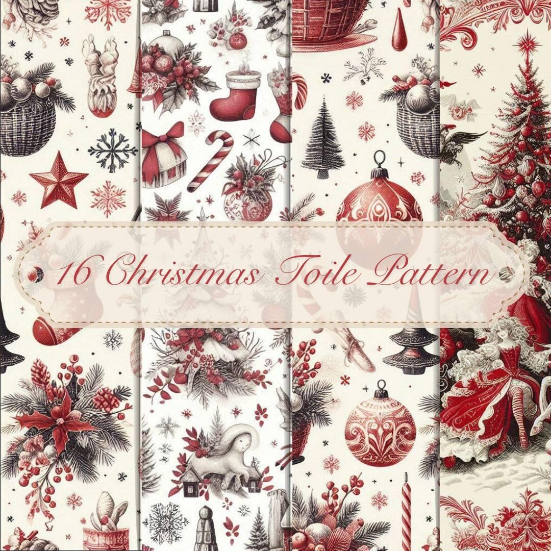 Christmas Toile Pattern Red and White Christmas Background, Printable ...