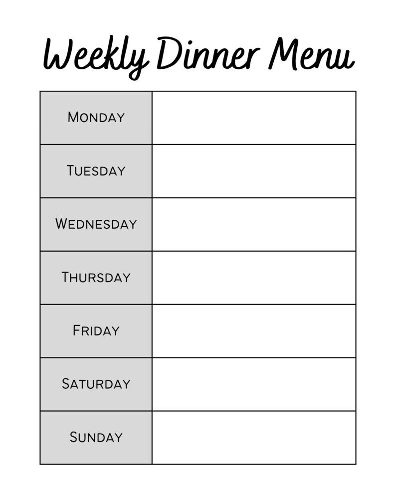 Weekly Dinner Menu Planner, Undated, Weekly Meal Planning, Minimalist ...