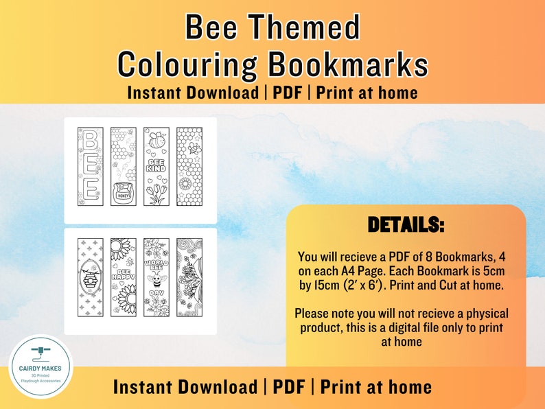 Bee Themed Colouring Bookmarks Printable | Digital Download | Preschool ...