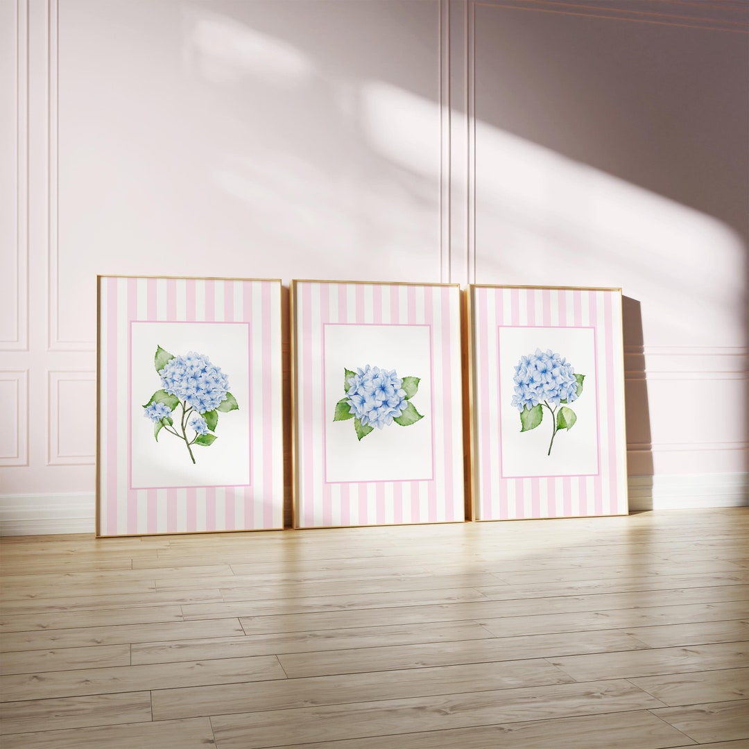 Pink Hydrangea Print Set of 3, Floral Watercolour Wall Art, Botanical ...