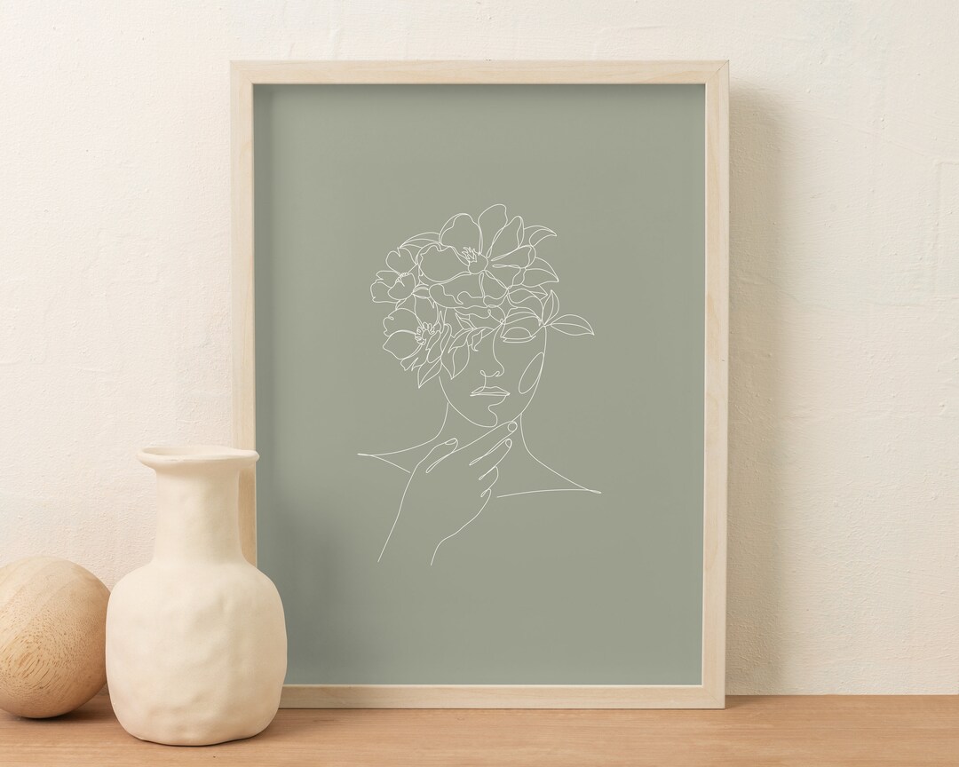 Sage Green Woman Line Art Print // Flower Line Art, Female Line Art ...