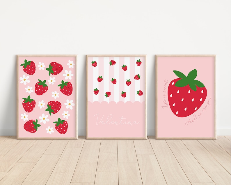 Strawberry Print Set of 3 / Strawberry Wall Art, Pink Nursery Prints ...