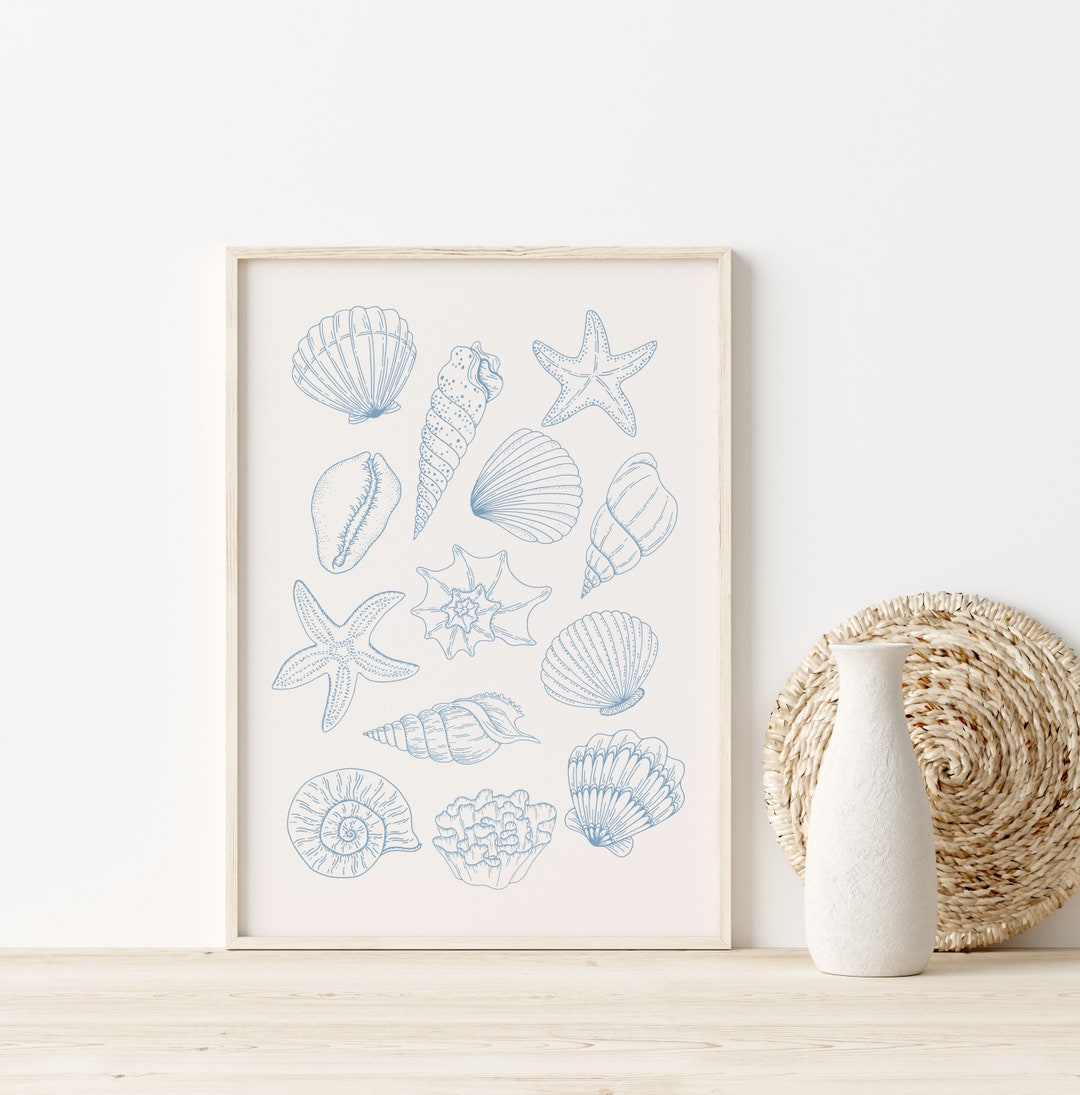 Blue Seashells Print // Trendy Coastal Wall Art, Beach Prints, Coastal ...