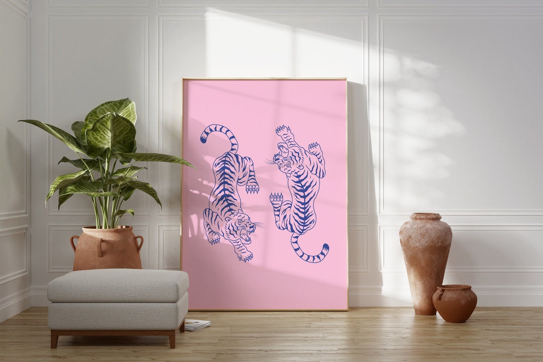Pink Tiger Print / Pink Tiger Poster, Preppy Wall Art, Dorm Room Decor ...