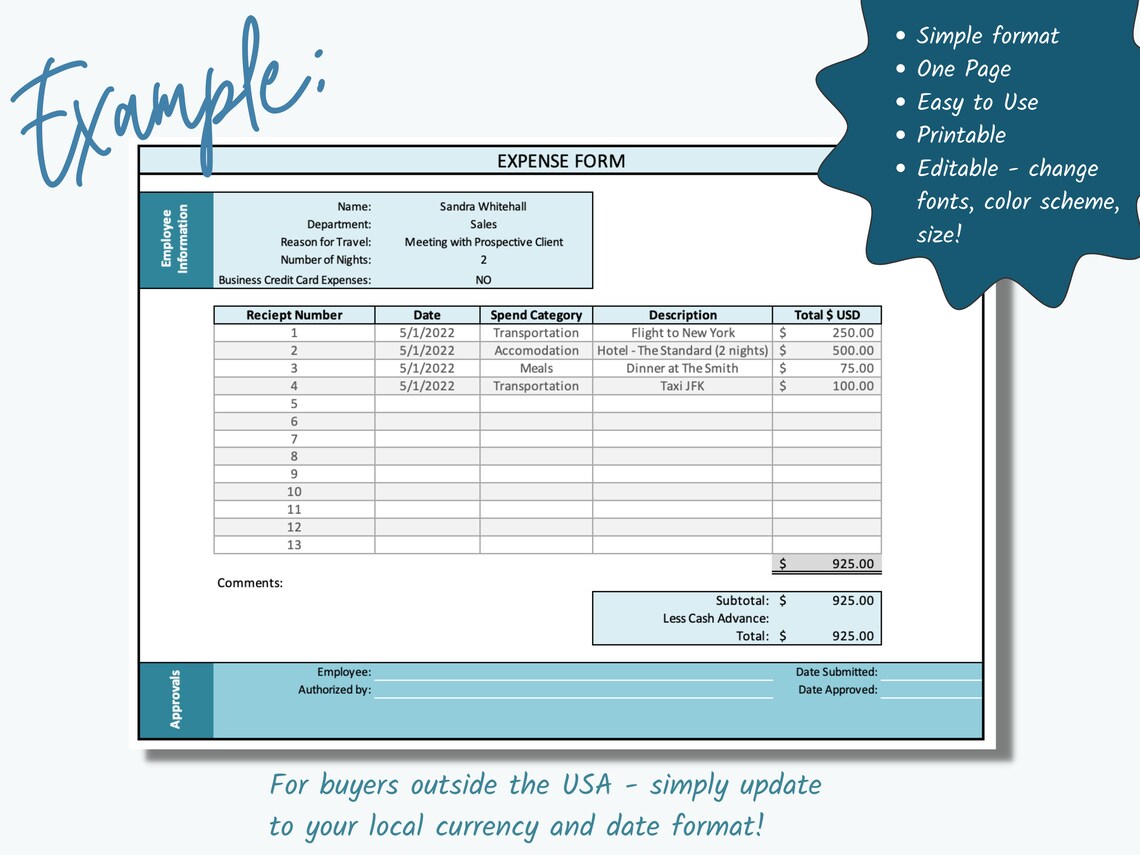 Expense Report Template T&E Business Expense Tracker - Etsy