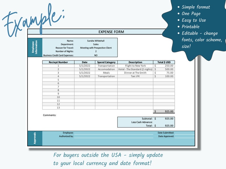 Expense Report Template T&E Business Expense Tracker - Etsy