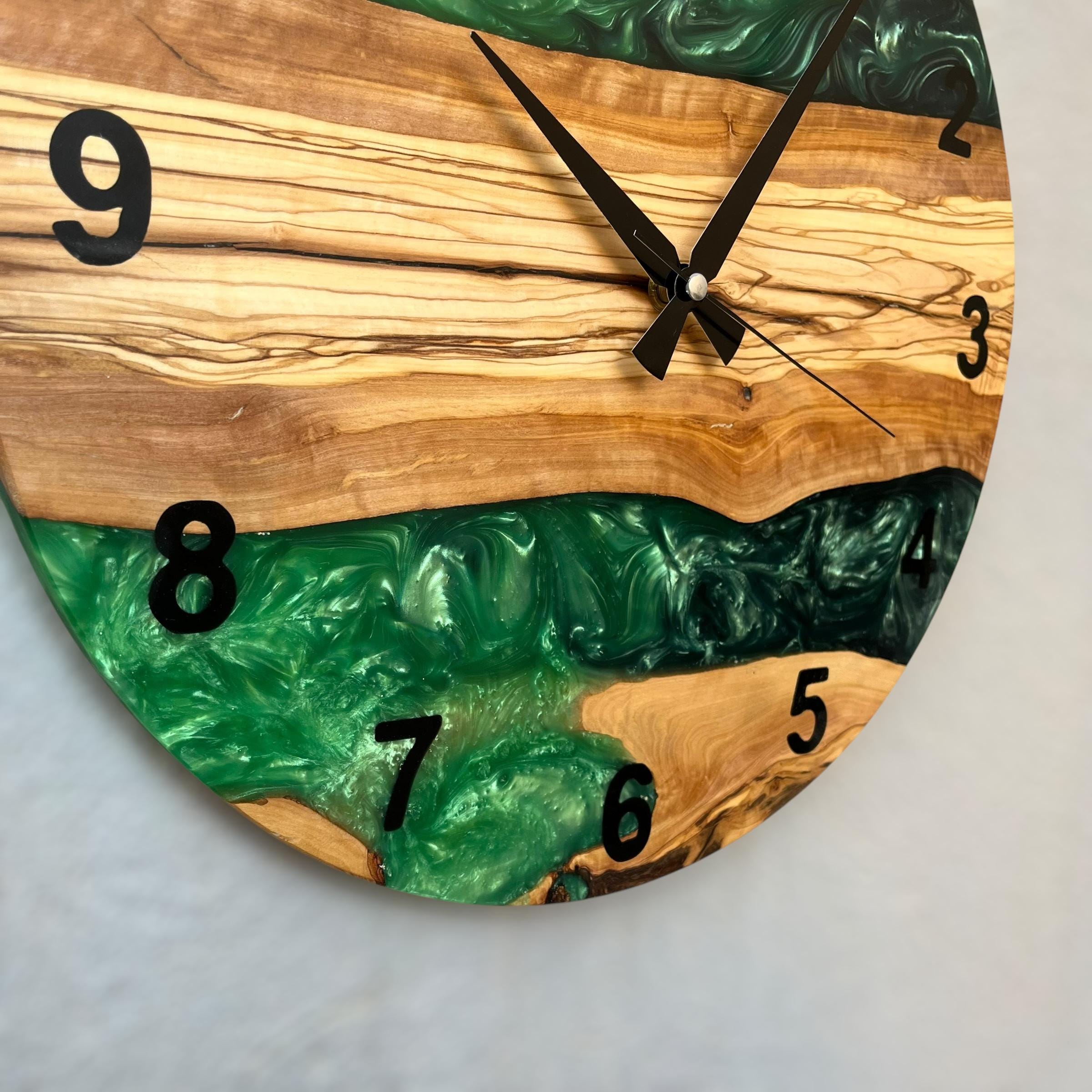 Epoxy Resin & Olive Wood Wall Clock: Emerald Green Accent - Etsy