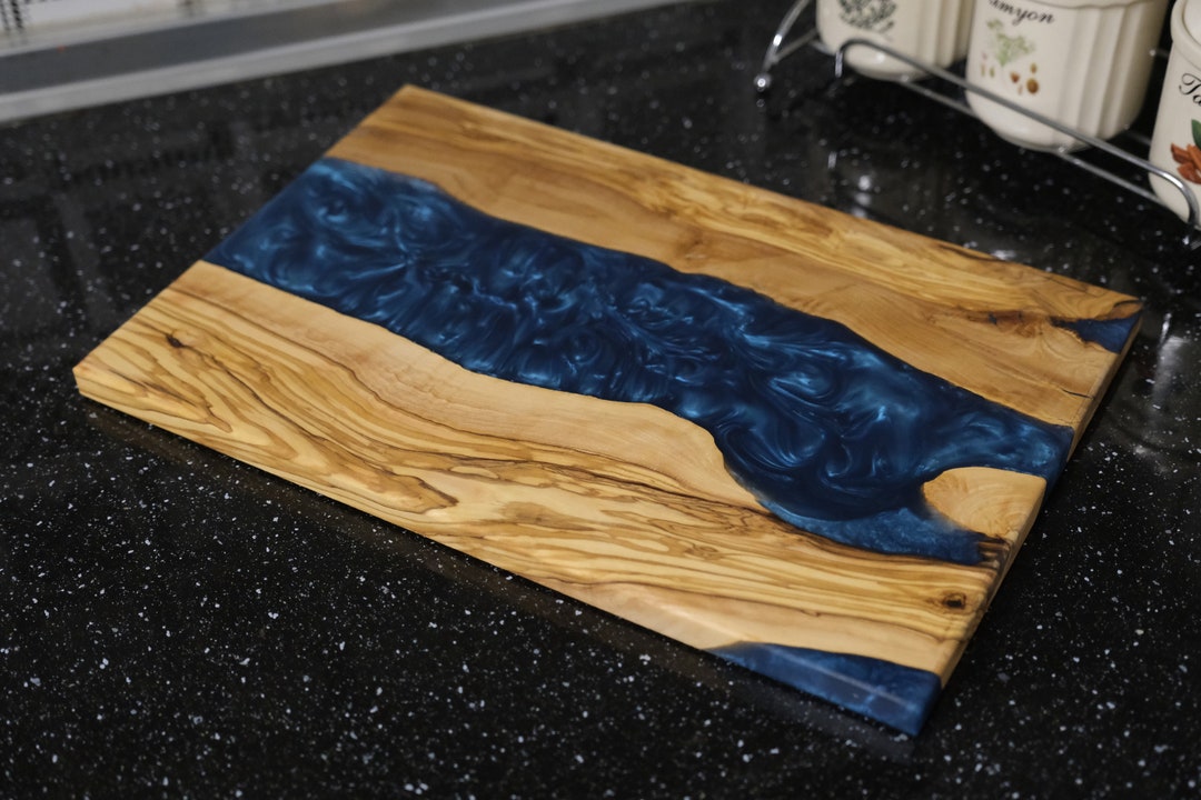 Handmade Olive Wood Epoxy River Cutting Board: Navy Blue Resin ...