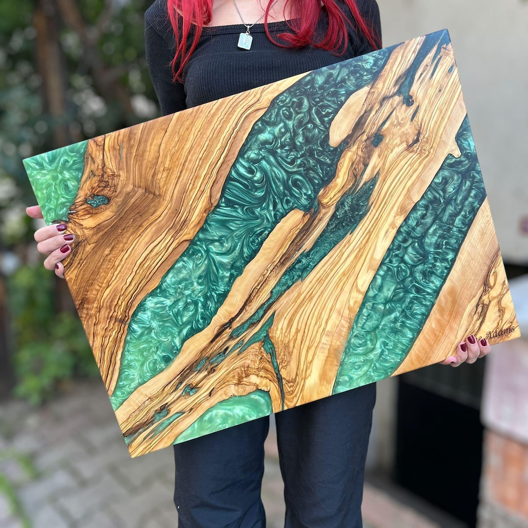 Handmade Olive Wood Charcuterie Board: Blue Resin River Serving Board ...