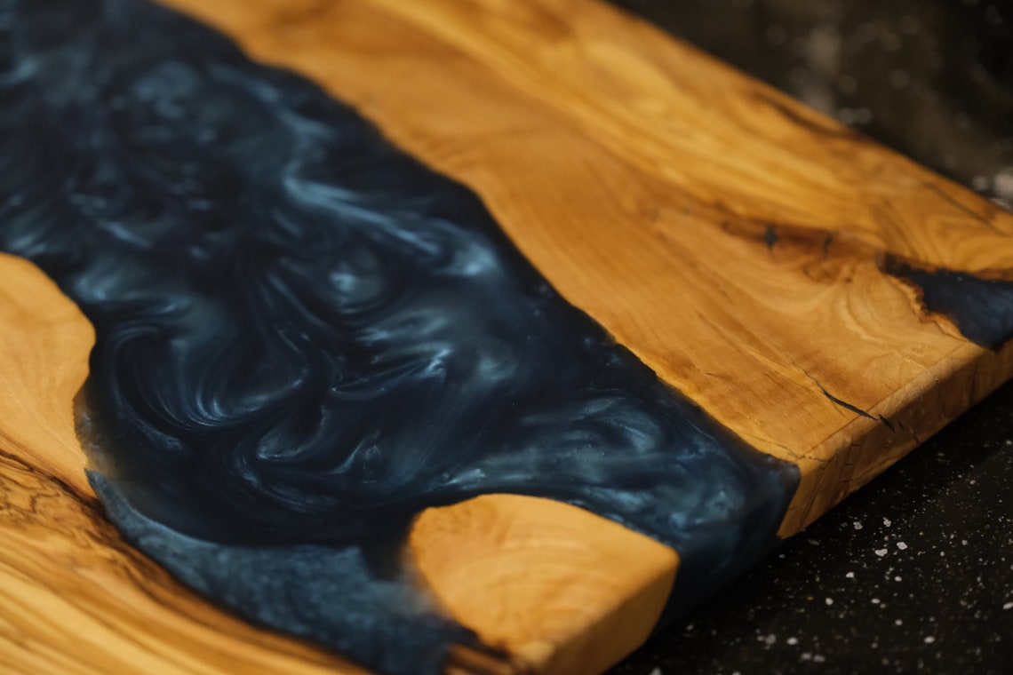 Handmade Olive Wood Epoxy River Cutting Board: Navy Blue Resin ...