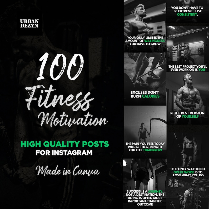 100 Fitness Motivation Instagram Post Templates, Gym Quotes, Canva ...