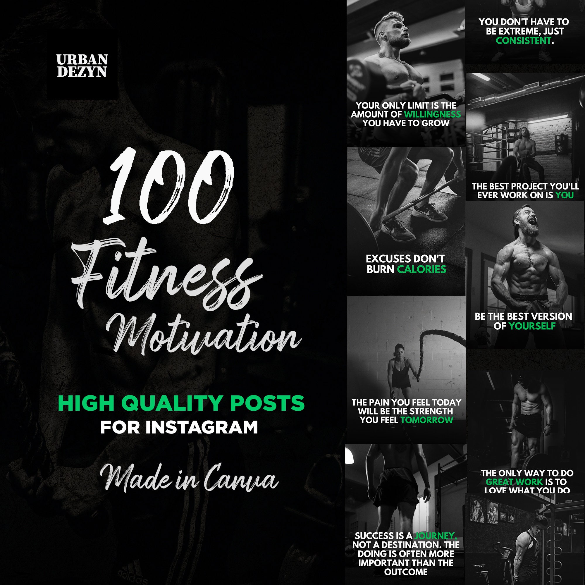 100 Fitness Motivation Instagram Post Templates, Gym Quotes, Canva ...