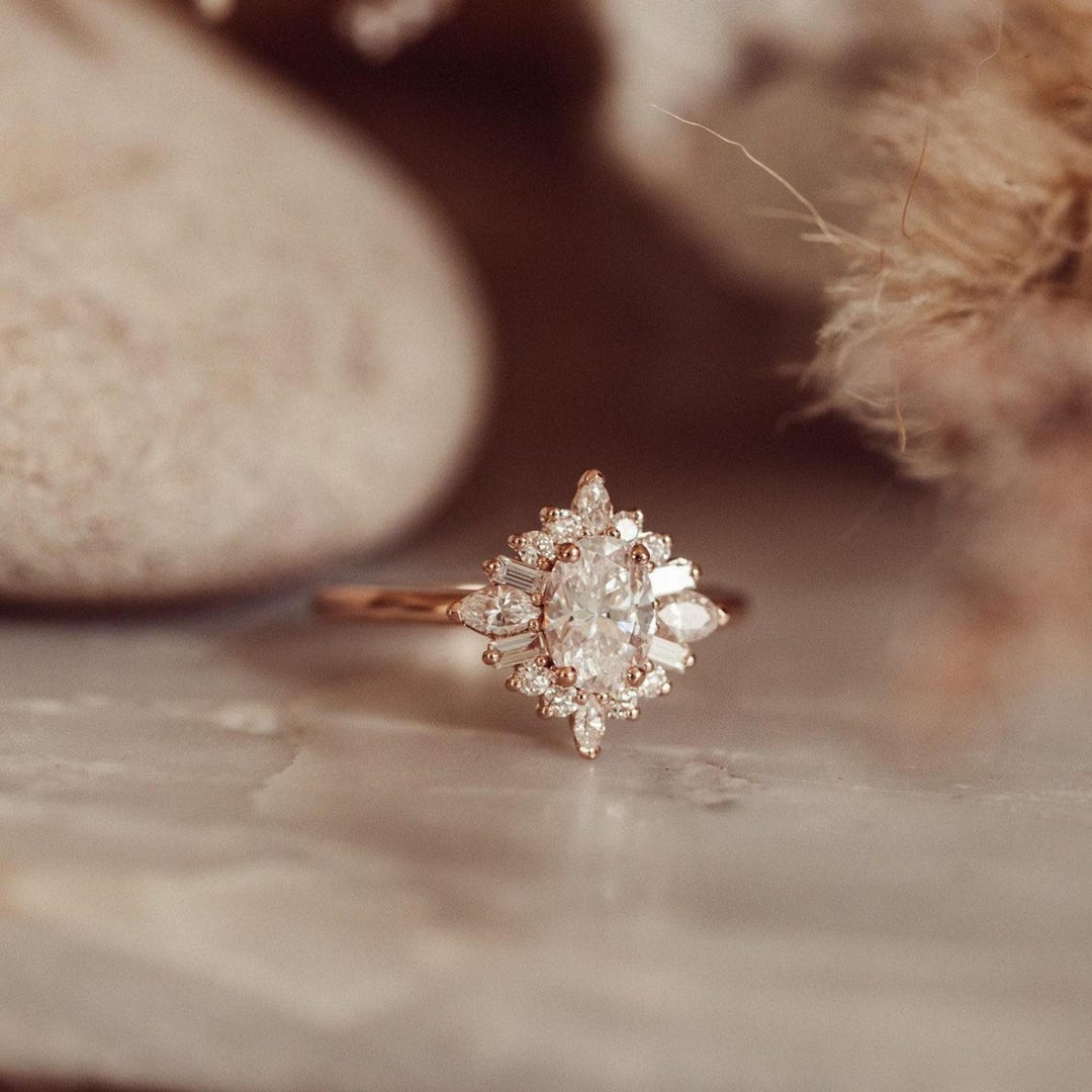 Gold Sunburst Oval Cut Moissanite Diamond Baguette Round & Marquise Cluster Halo Engagement Ring ...